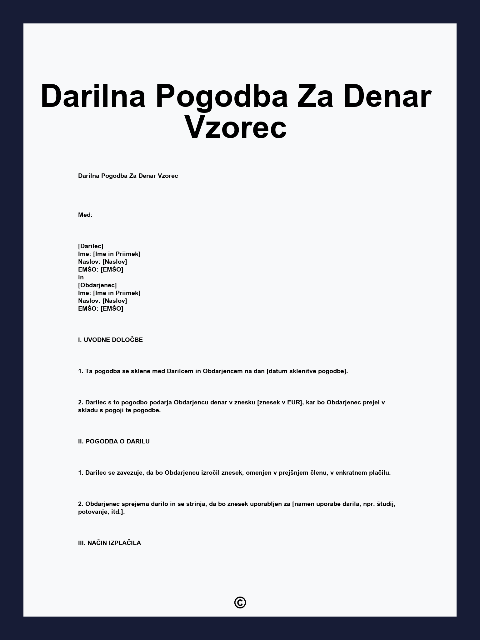 Darilna Pogodba Za Denar Vzorec