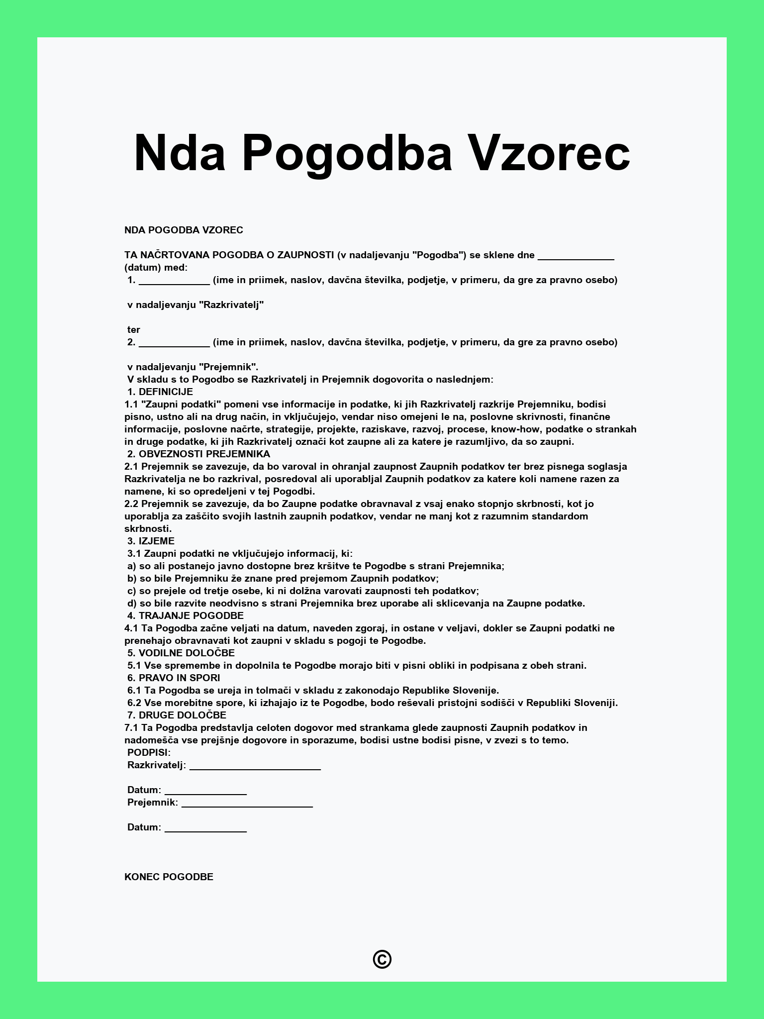 Nda Pogodba Vzorec