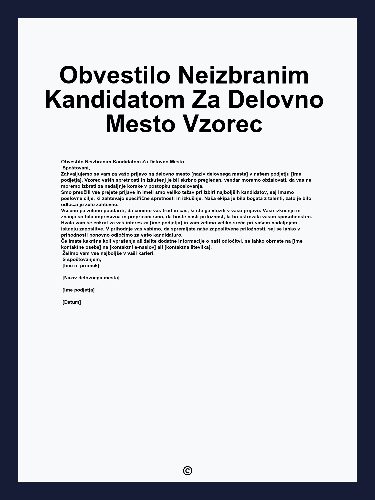Obvestilo Neizbranim Kandidatom Za Delovno Mesto Vzorec