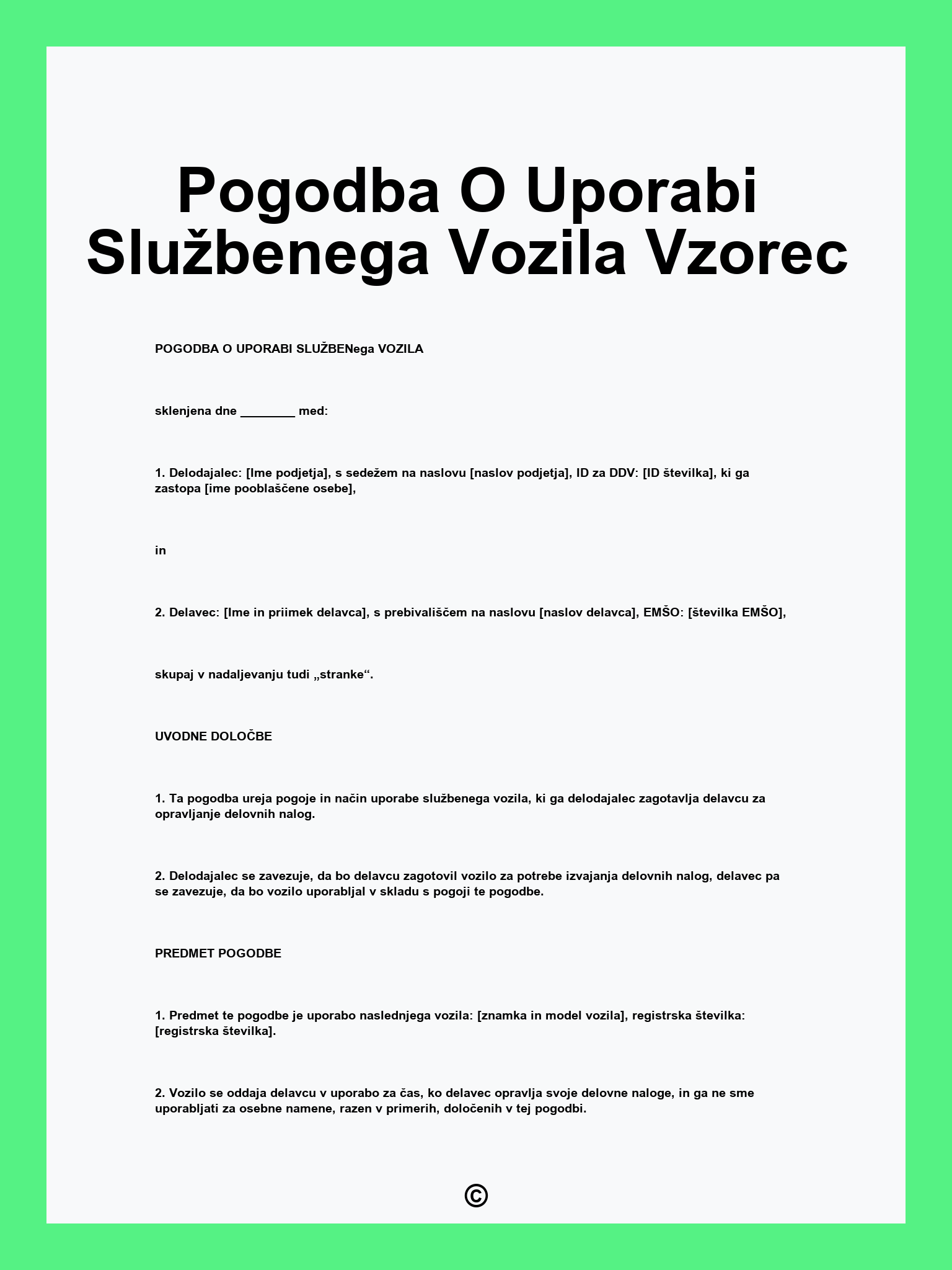 Pogodba O Uporabi Službenega Vozila Vzorec